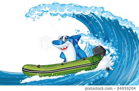 Happy shark on inflatable boat with ocean wave - Stock Illustration ...