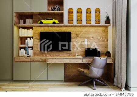 modern boys bedroom with panoramic window and... - Stock Illustration ...