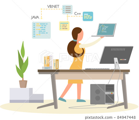 Young woman programmer working and correct... - Stock Illustration ...
