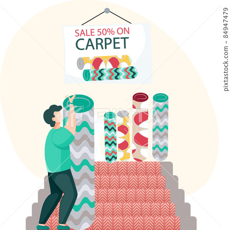 Discounts, sales at carpet store. Man designer... - Stock Illustration ...