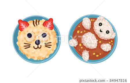 Creative childish dishes serving on plates set....-插圖素材 [84947816 ...
