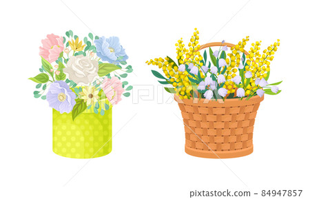 Beautiful spring flowers in box and basket set... - Stock Illustration ...