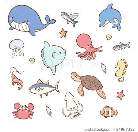 Cute hand drawn illustration set of sea creatures - Stock Illustration ...