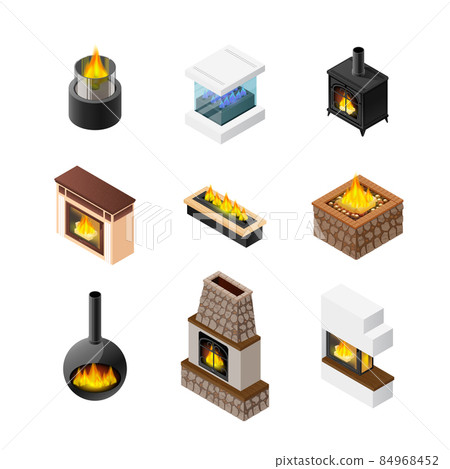 Isometric Fireplace Icon Set - Stock Illustration [84968452] - PIXTA