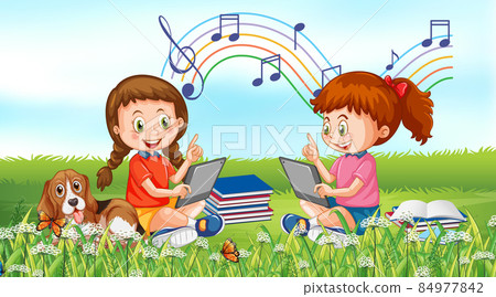 Park scene with children using technology devices - Stock Illustration ...