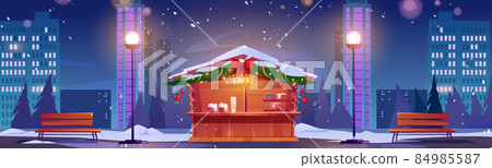 Street cafe with christmas decor at winter night - Stock Illustration ...