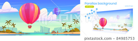 Parallax background with hot air balloons and sea - Stock Illustration ...