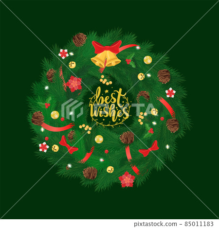 Best Wishes Pine Tree Wreath with Bells and Bows-插圖素材 [85011183] - PIXTA圖庫