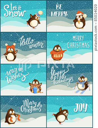 Merry Christmas Snow Snowfall Weather Penguins Set - Stock Illustration ...