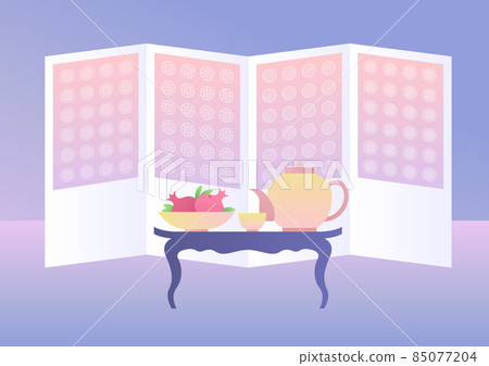 Korean traditional pattern screen and tea table - Stock Illustration ...
