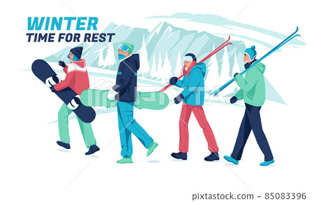 skiers and snowboarders in equipment climb a... - Stock Illustration ...