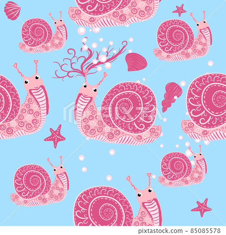 Snail pink, sea inhabitants seamless pattern,... - Stock Illustration ...