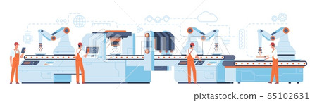 Factory production line people. Conveyor and... - Stock Illustration ...