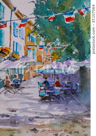 Southern France city watercolor landscape painting - Stock Illustration ...