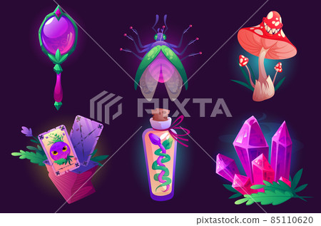 Witch magic items , cartoon wizard stuff icons set - Stock Illustration ...