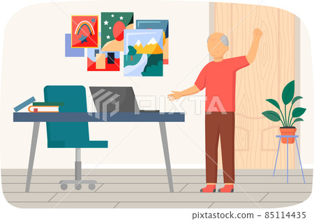 Elderly man repeats exercises after video on... - Stock Illustration ...