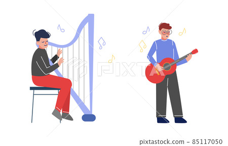 Teen Boy Playing Harp and Guitar as Talented...-插圖素材 [85117050] - PIXTA圖庫
