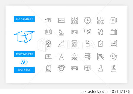 Set of blue color line icons of Education... - Stock Illustration ...