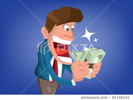 Emotional man standing counting cash with joy... - Stock Illustration ...