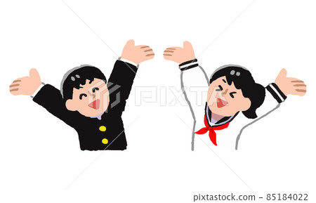 Men and women in school uniforms banzai... - Stock Illustration ...