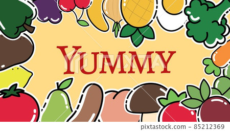 Vector image of yummy text with various food... - Stock Illustration ...