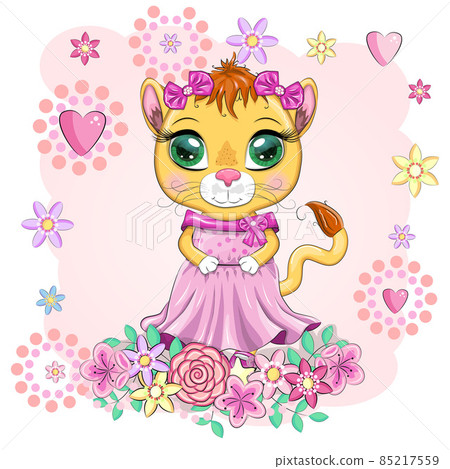 Cartoon lioness in a beautiful dress with bows... - Stock Illustration ...
