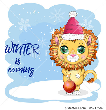 Cartoon lion in winter clothes. Winter is... - Stock Illustration ...