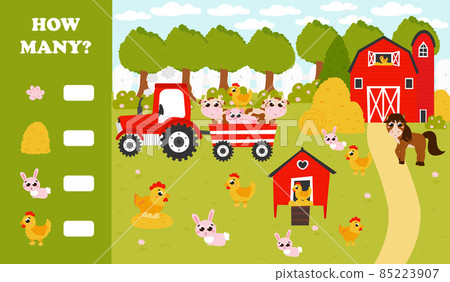 Counting game for kids with farm animals, barn... - Stock Illustration ...