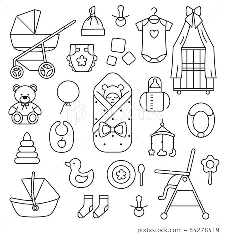Newborn baby accessories thin line objects set... - Stock Illustration ...
