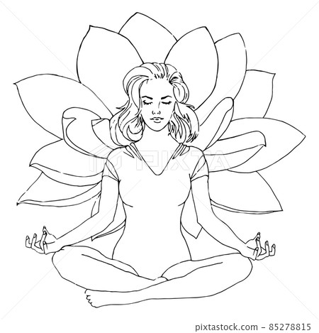 Girl in the lotus position. Yoga class. Line... - Stock Illustration ...