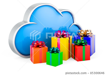 Cloud computing with presents, gift concept. 3D... - Stock Illustration ...