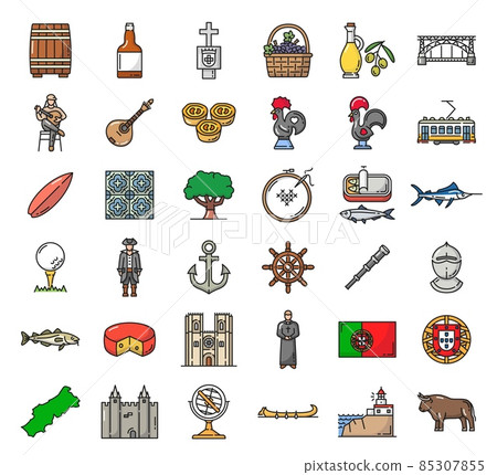 Portugal landmarks and national symbols line... - Stock Illustration ...
