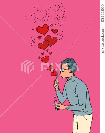 A young man in love blows out red hearts like... - Stock Illustration ...