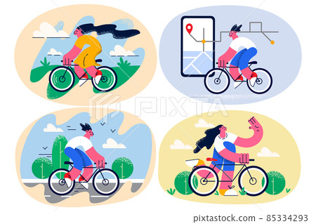 Set of happy person relax outdoor riding bike - Stock Illustration ...