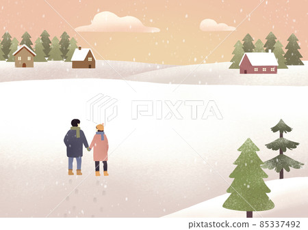 pastel winter drawing of couple walking in snow - Stock Illustration ...