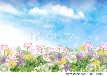 Landscape of spring flower field watercolor... - Stock Illustration ...