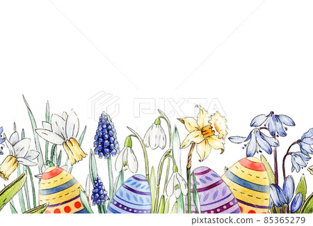 Spring flowers and easter eggs seamless border.... - Stock Illustration ...