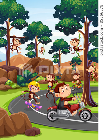Park scene with monkey racing riders - Stock Illustration [85366579 ...