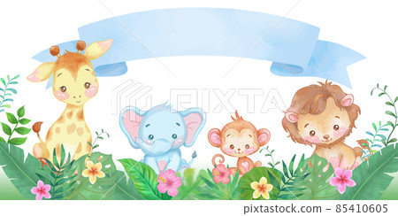 Cute animals in the green with a blue ribbon... - Stock Illustration ...