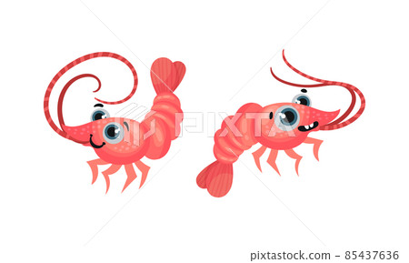 Set of cute shrimps. Funny prawn crustaceans... - Stock Illustration ...
