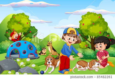 Park scene with children playing with their dogs - Stock Illustration ...