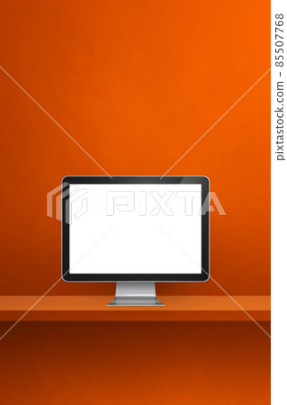Computer pc on orange shelf. Vertical background - Stock Illustration ...