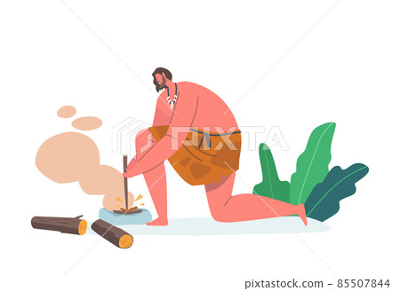 Prehistoric Ages Man Light a Fire Using Tools,... - Stock Illustration ...