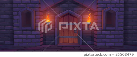 Medieval castle gate at night, palace exterior - Stock Illustration ...