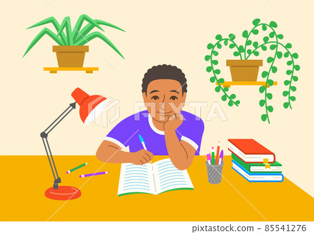 Little black school boy doing his homework at... - Stock Illustration ...