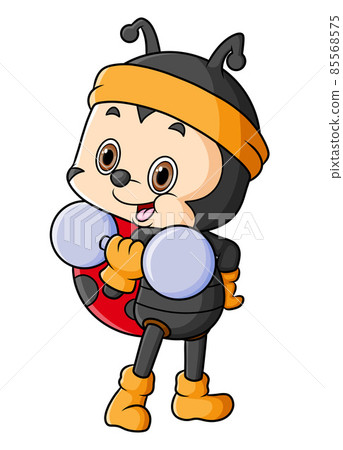 The strong ladybug is exercising with a barbell - Stock Illustration ...