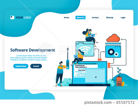 Vector landing page design of software... - Stock Illustration ...