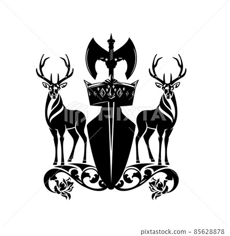 deer stag with viking battle axe, rose flowers... - Stock Illustration ...