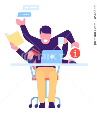 Man with many arms working at computer.... - Stock Illustration ...
