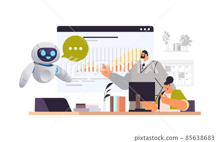 businesspeople with robot analyzing statistics... - Stock Illustration ...